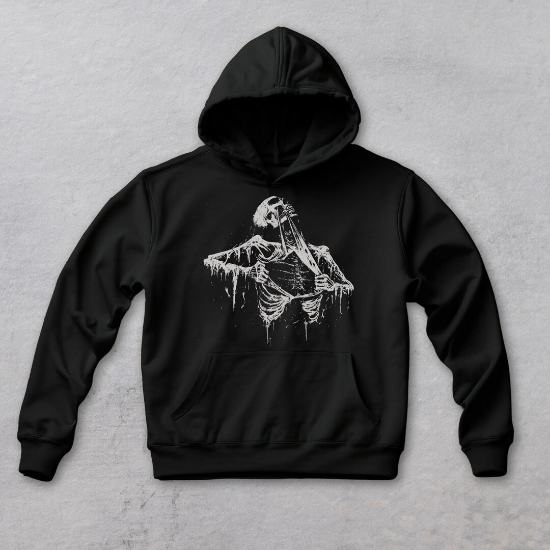 Skeleton Ripping Rip Cage 90s Hoodie, Retro Skeleton Graphic Hooded ...