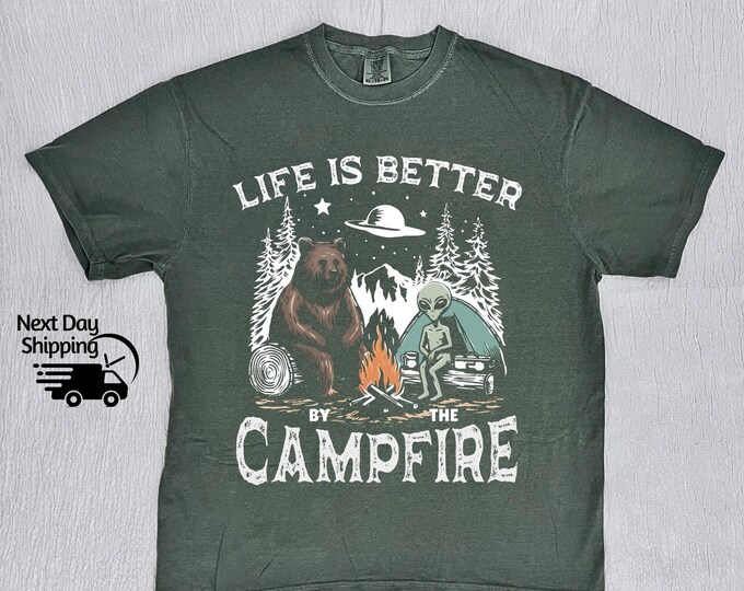 Retro Bear and Alien Life is Better by the Campfire 90s Shirt, Funny ...