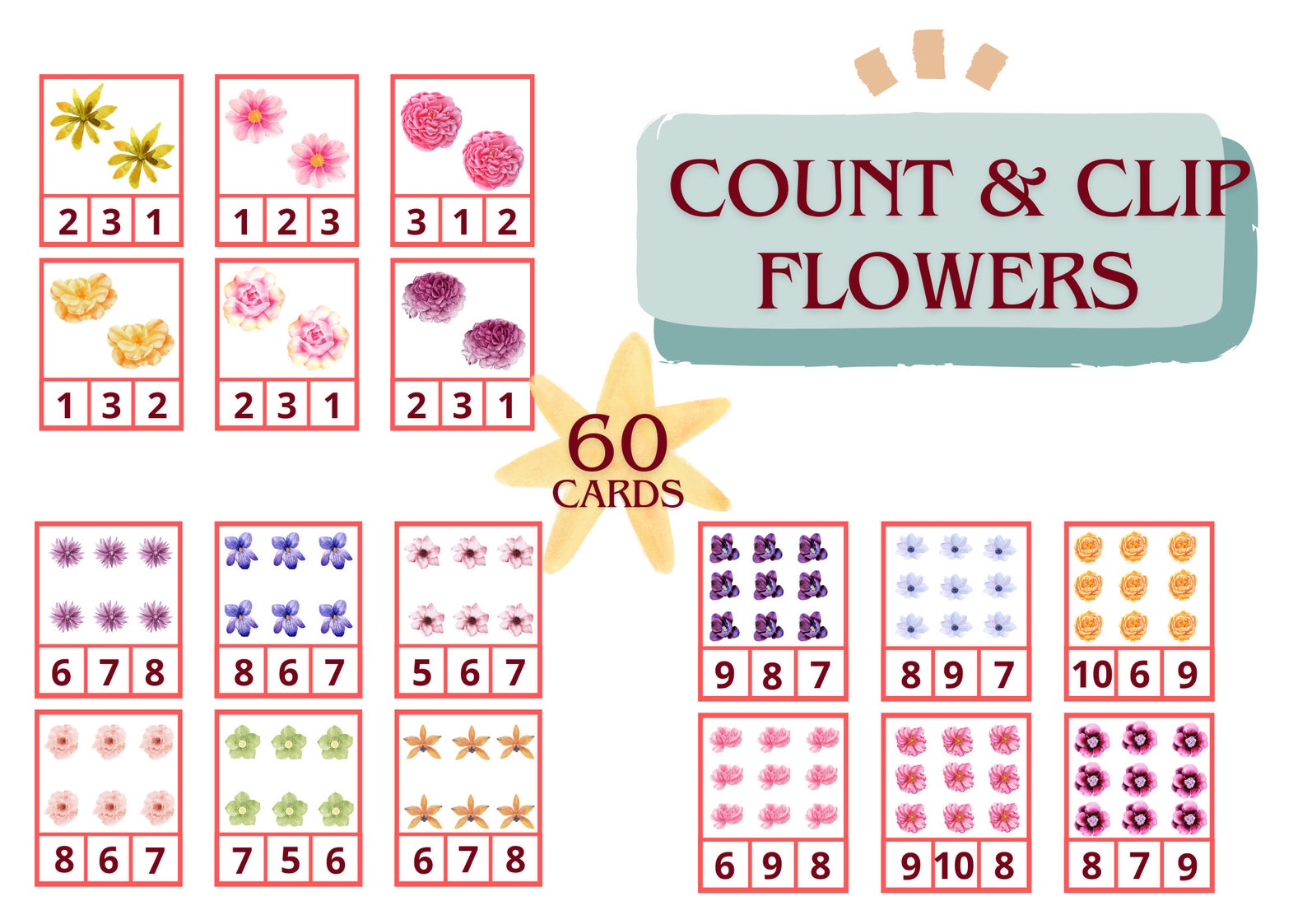 FLOWERS Count and Clip Cards || Counting 1 to 10|| 60 Cards || Activity ...