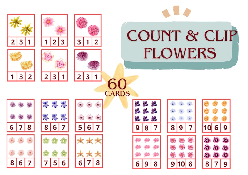 FLOWERS Count and Clip Cards || Counting 1 to 10|| 60 Cards || Activity ...