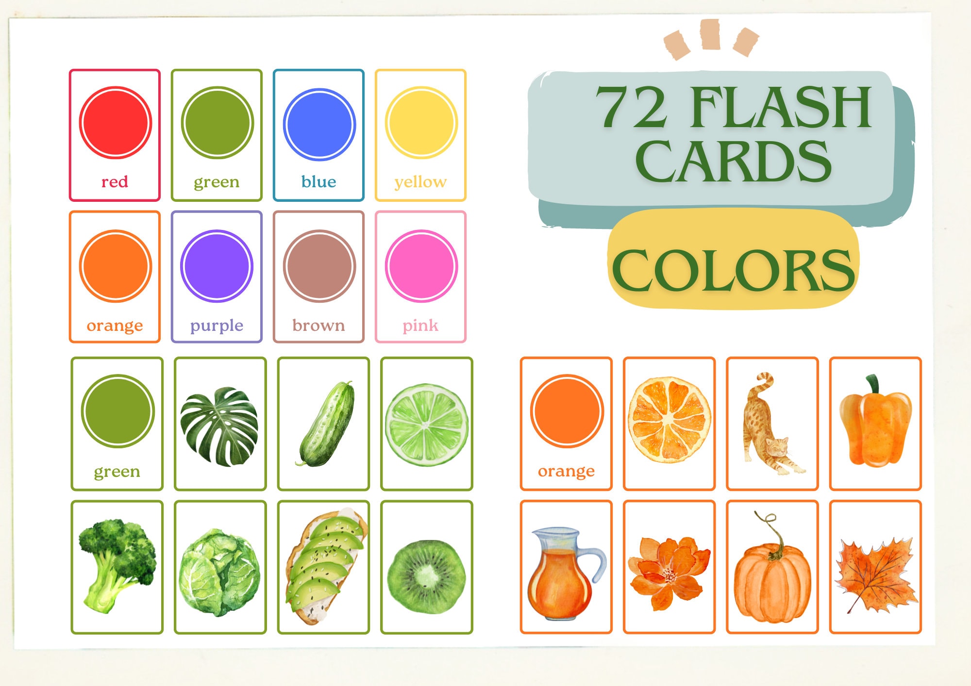 Colors Flashcards and Match the Color Game (9 Sheets - 72 Cards in ...