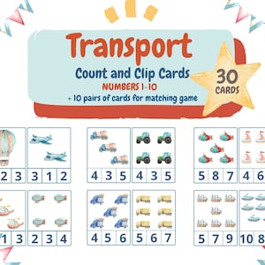 TRANSPORT Vehicles Count and Clip Cards for Kids || Numbers 1-10 ...