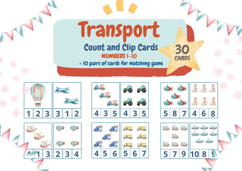 TRANSPORT Vehicles Count and Clip Cards for Kids || Numbers 1-10 ...