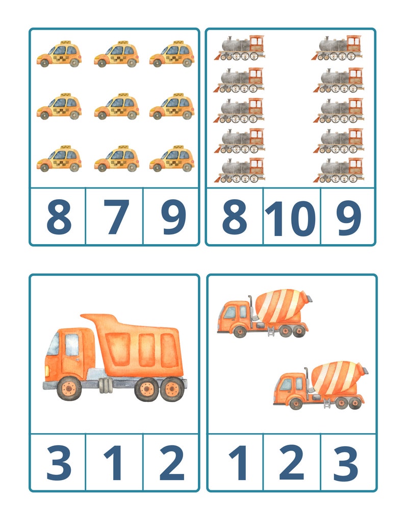 TRANSPORT Vehicles Count and Clip Cards for Kids || Numbers 1-10 ...