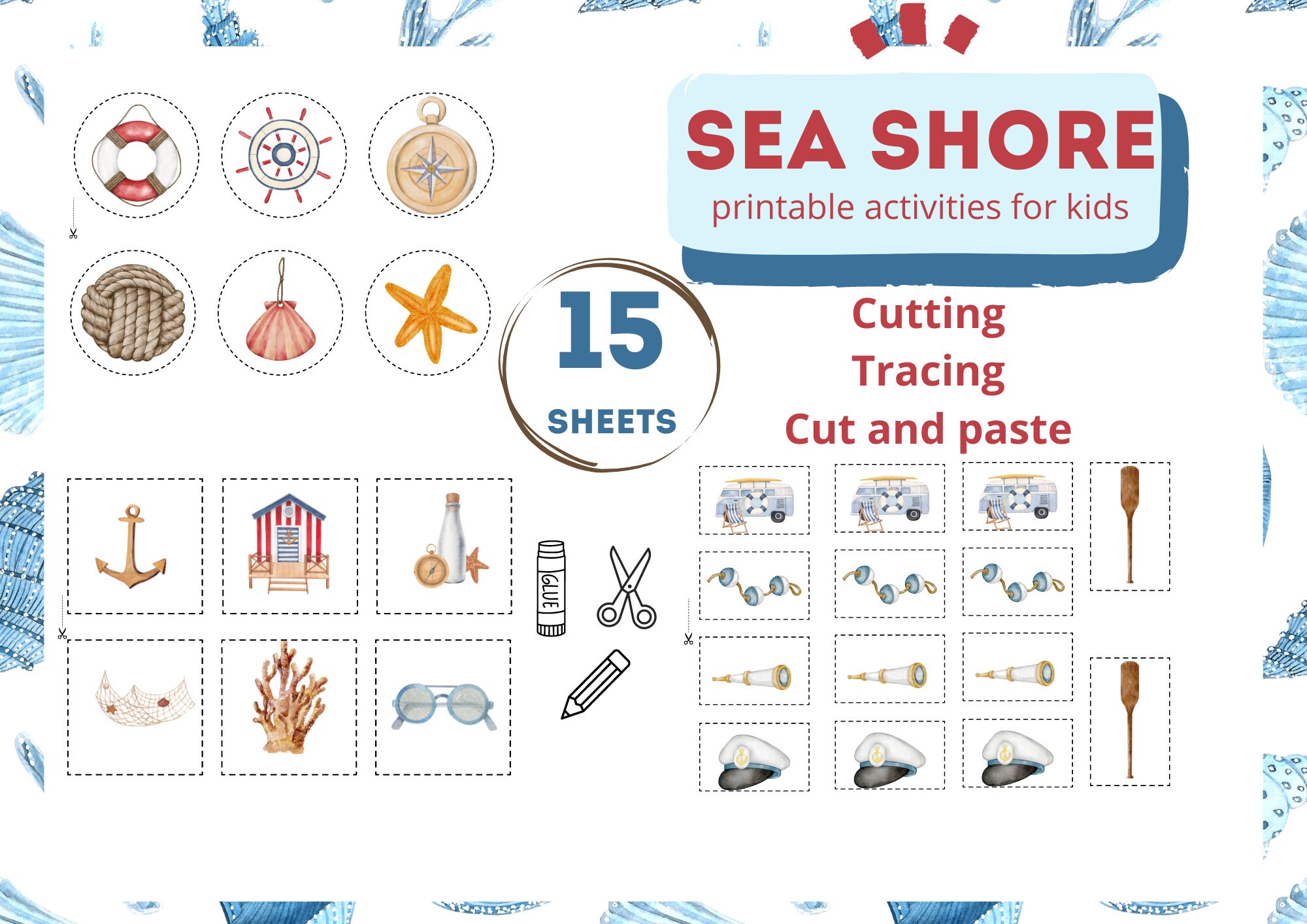 SEA Shore Ocean Printable Activities for Kids || Scissors Skills || Cut ...