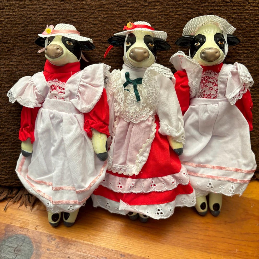 New Vintage Cow Dolls Ceramic Polyresin Cow Milk Maid Ladies 1990s Set ...
