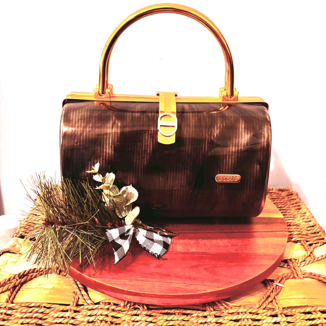 Italian Vintage Top Handle Pocketbook Lucite Brass Barrel Box Purse Mid ...