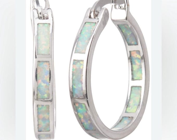 New Sterling Silver Iridescent Opal Hoop Earrings 925 - Etsy