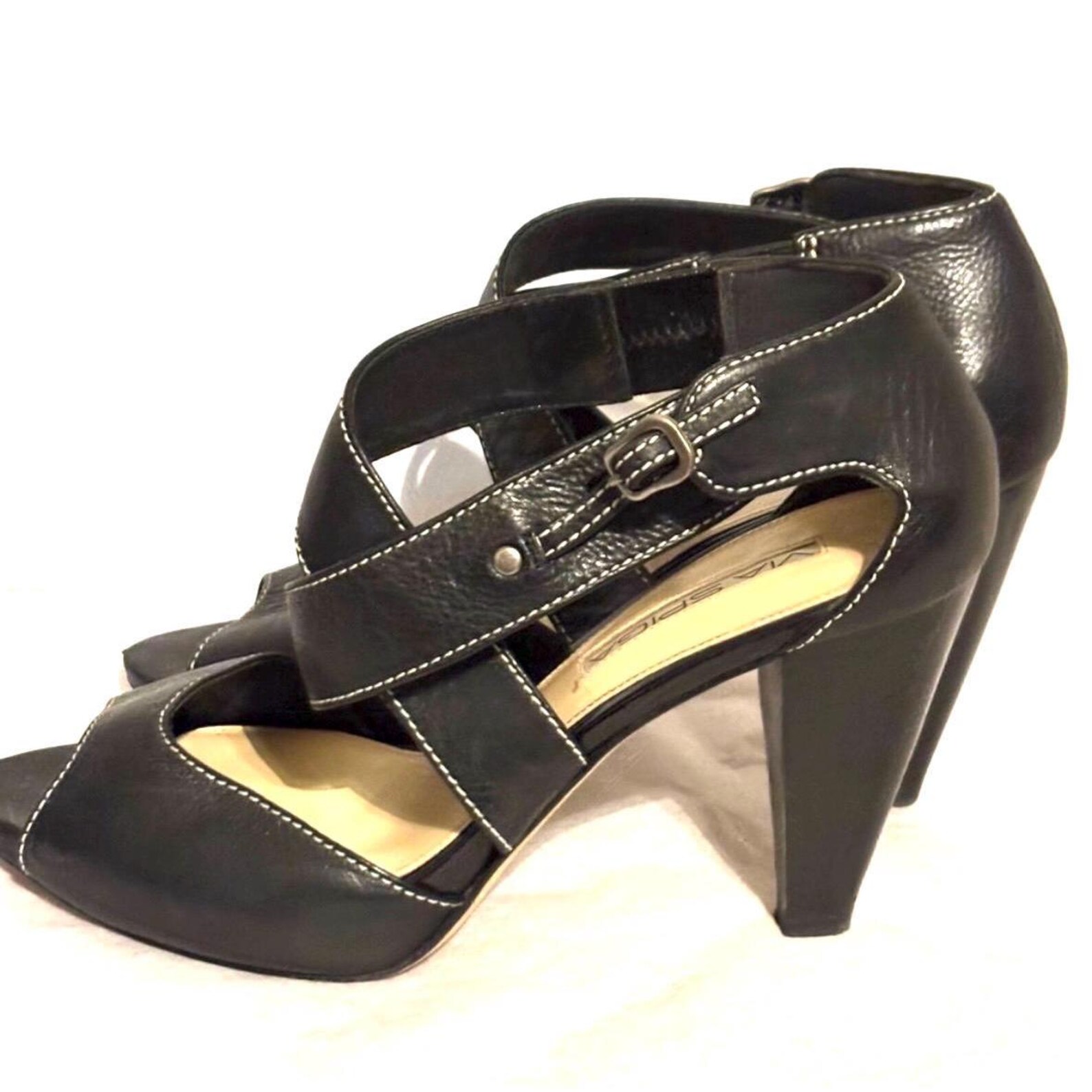 VIA SPIGA Black Leather Crossed Strap Peep Toe High Heel (cone) Shoes ...
