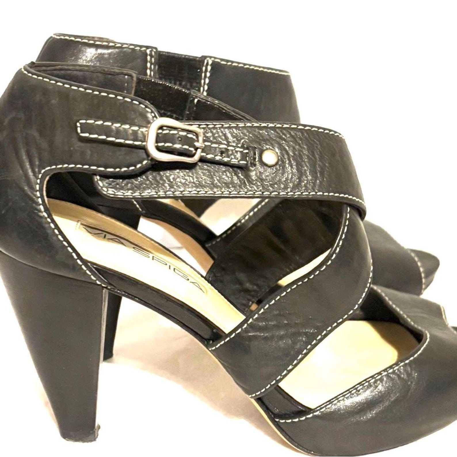 VIA SPIGA Black Leather Crossed Strap Peep Toe High Heel (cone) Shoes ...
