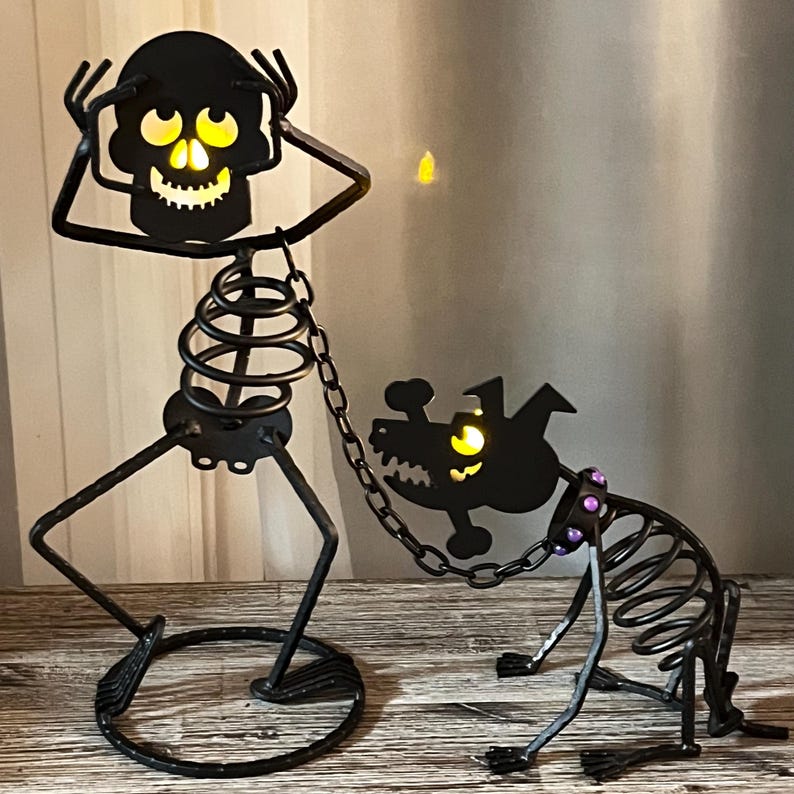 Rare Retired Partylite Metal Skeleton and Dog Candle Holders Halloween ...