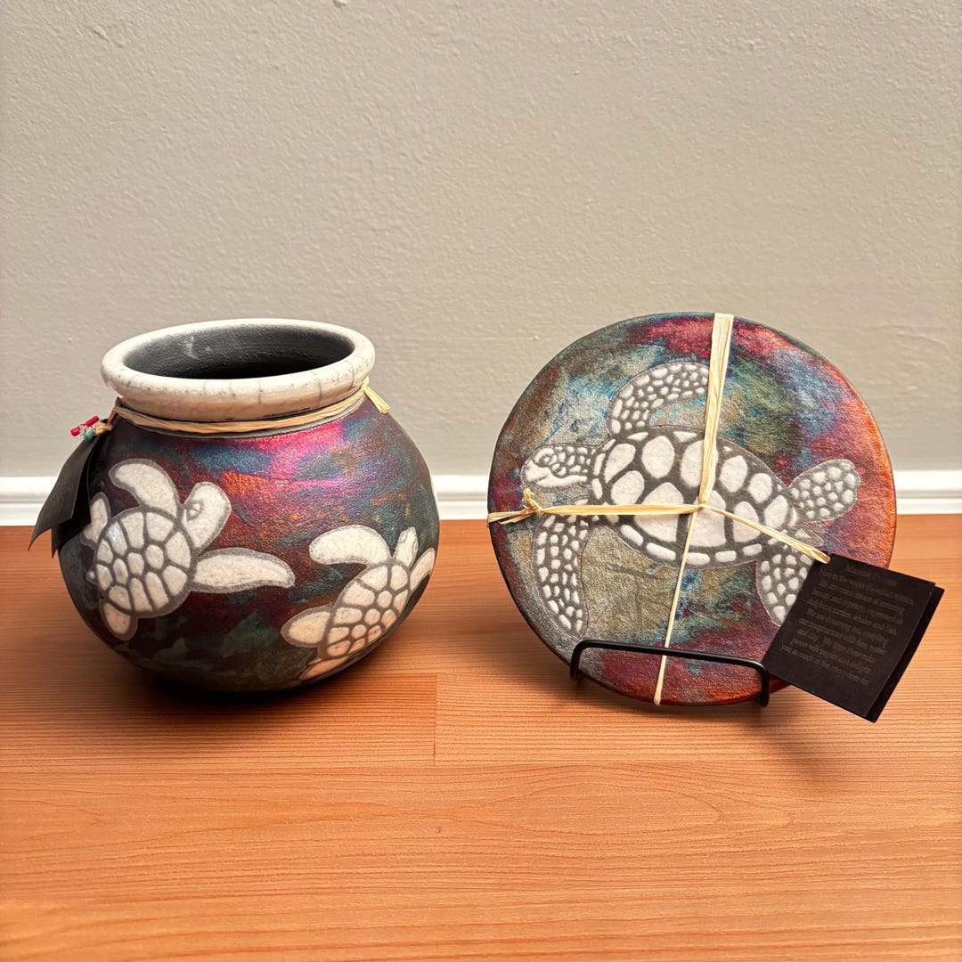 Ben Diller Pottery Set Hawaii Sea Turtle Raku Vase 5 1/2" and Plate 6 ...