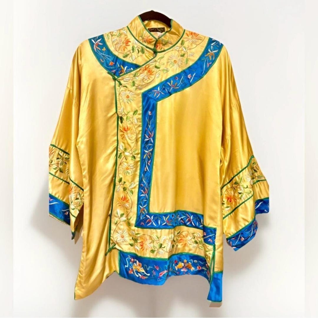 Vintage Yi-feng Tang Chinese Gold & Blue Silk and Rayon Embroidered ...