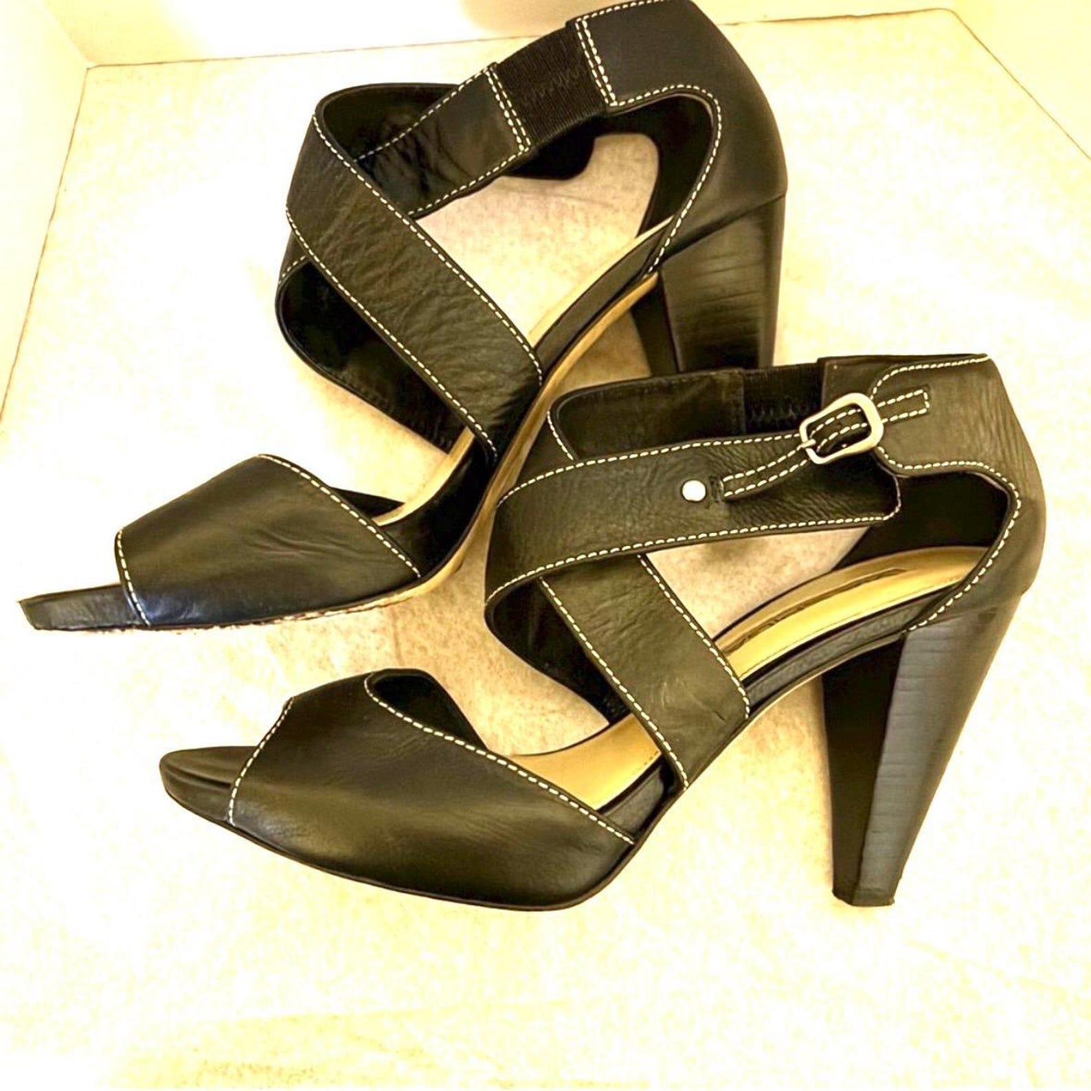 VIA SPIGA Black Leather Crossed Strap Peep Toe High Heel (cone) Shoes ...