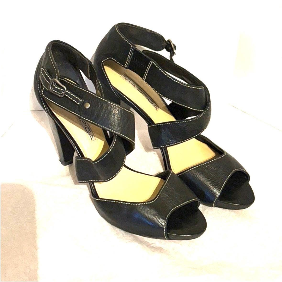 VIA SPIGA Black Leather Crossed Strap Peep Toe High Heel (cone) Shoes ...