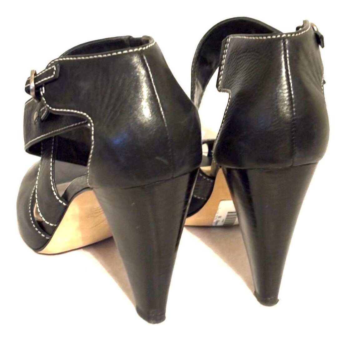 VIA SPIGA Black Leather Crossed Strap Peep Toe High Heel (cone) Shoes ...