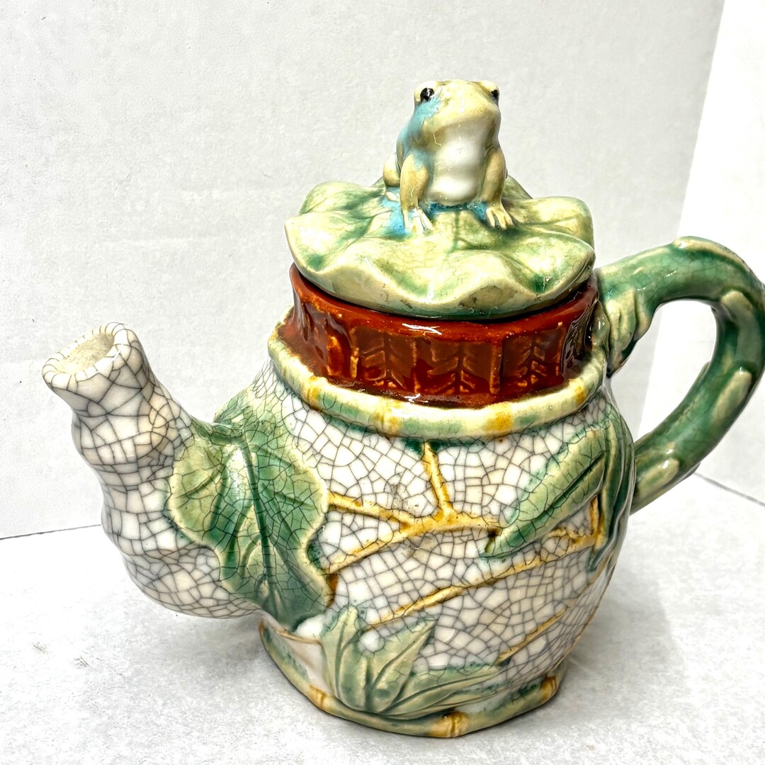 Antique Majolica Frog Bamboo Asian Teapot Crackle Porcelain Whimsical ...