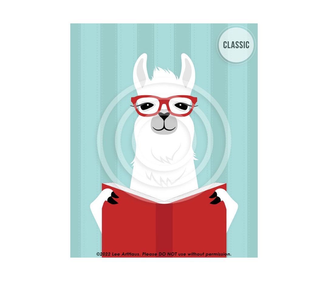 16JP Book Art Poster - White Llama Reading Book Wall Art - Book Lover ...