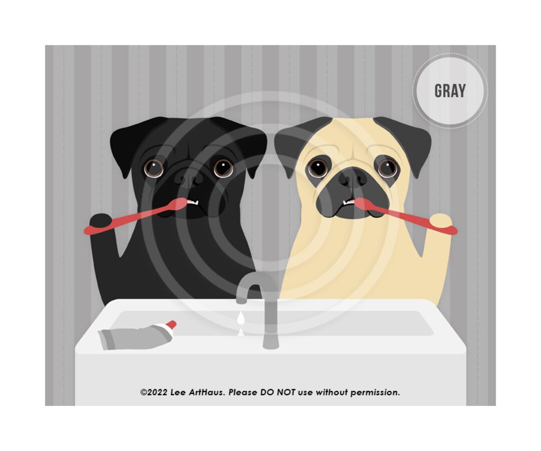 180DP Two Pug Dogs Brushing Teeth Wall Art Black Pug Brush - Etsy