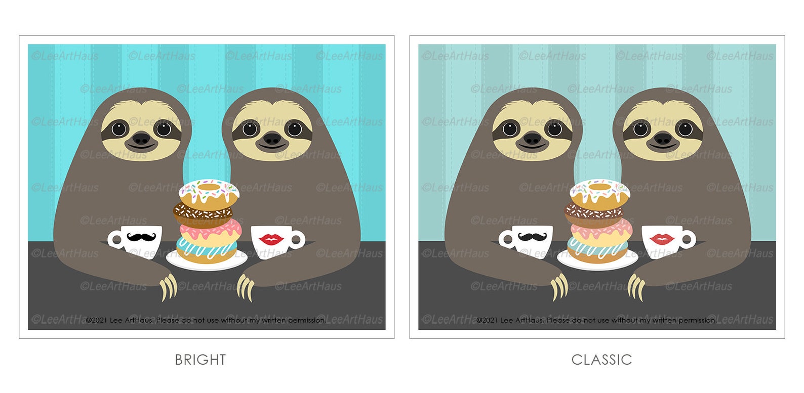 34J Sloth Drawing - Sloth Couple Eating Stack of Donuts Wall Art ...