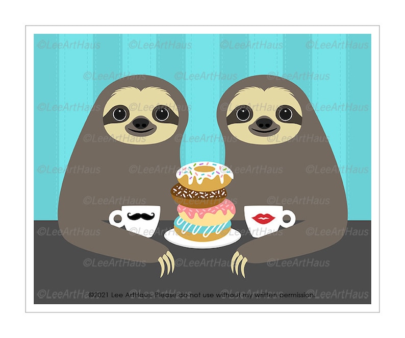34J Sloth Drawing - Sloth Couple Eating Stack of Donuts Wall Art ...