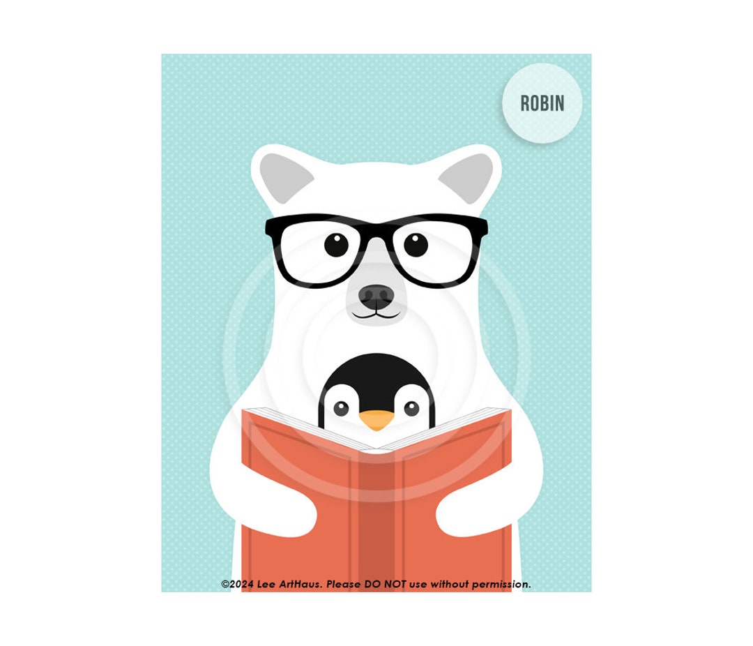11AP Polar Bear and Penguin Reading Book Wall Art Polar Bear Art Cute ...