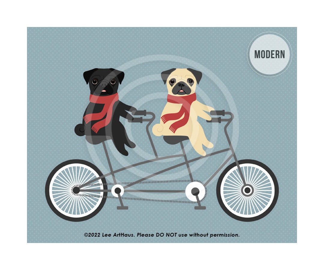 623DP Dog Print Two Pugs on Red Tandem Bicycle Wall Art Funny Dog Art ...