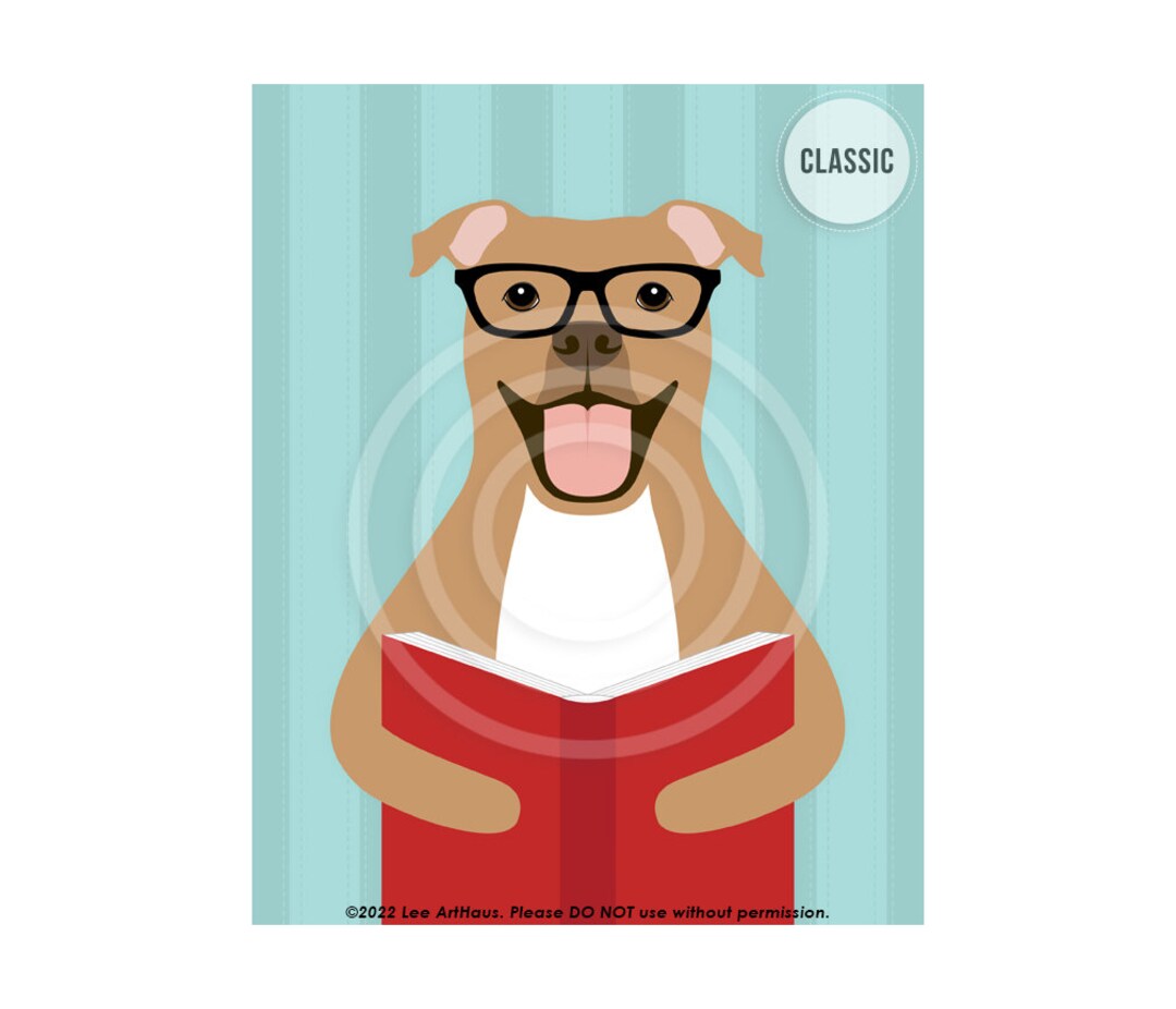696DP Pitbull Drawing Brown Pit Bull Reading Book Wall Art - Etsy