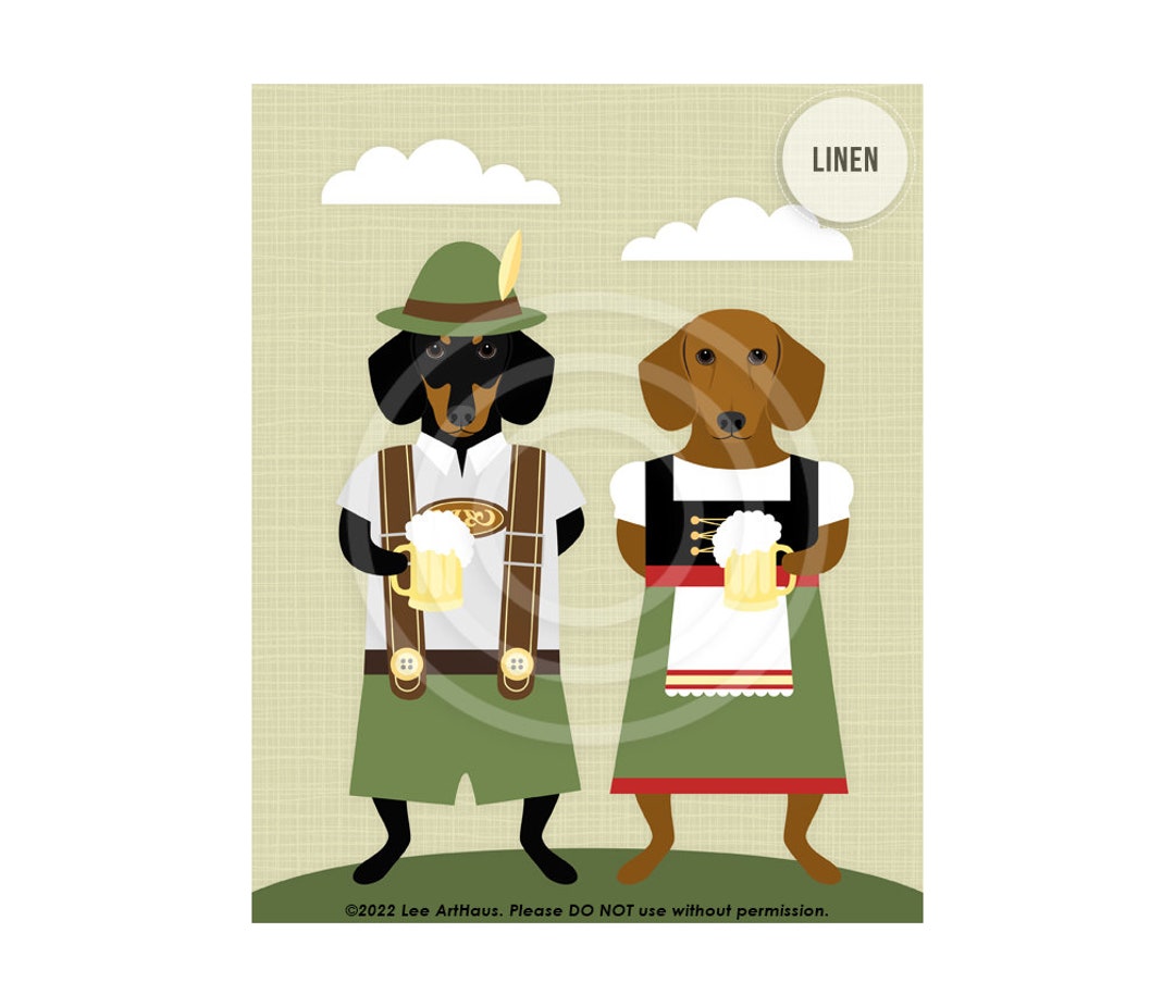 496DP Dog Prints - Dachshund Dogs Wearing Dirndl Dress and Lederhosen ...