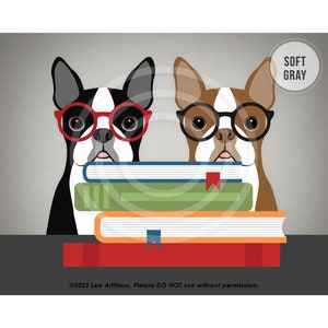 370DP Book Lover Gifts - Two Boston Terriers With Stack of Books Art ...
