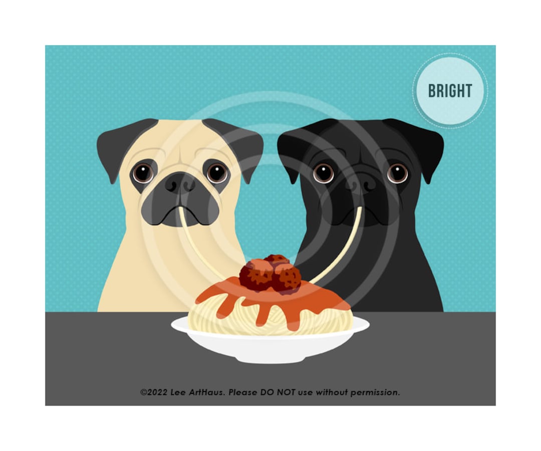 625DP Two Pugs Eating Spaghetti and Meatballs Wall Art Italian Food Art ...