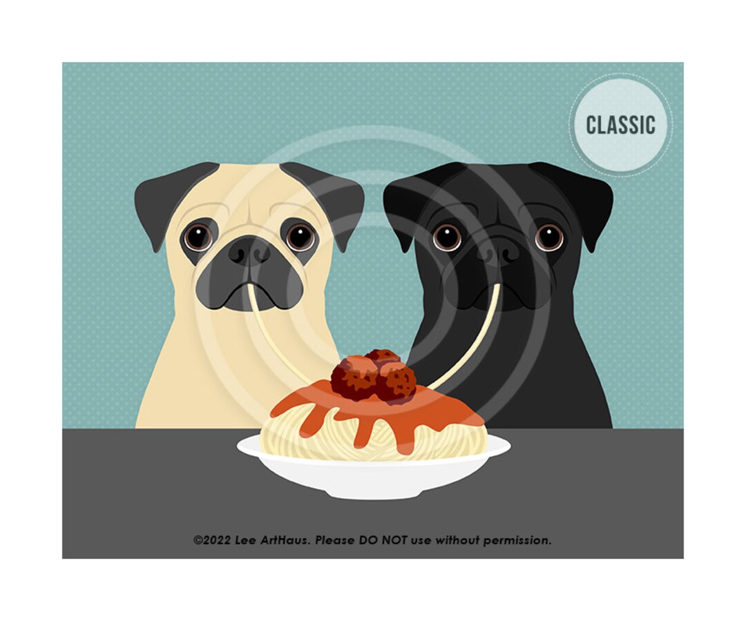 625DP Two Pugs Eating Spaghetti and Meatballs Wall Art - Etsy