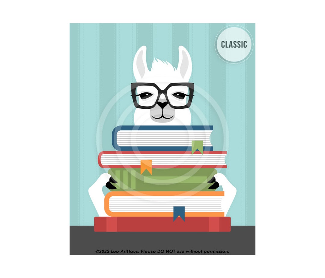 15JP Book Art Prints Llama Reading Stack of Books Wall Art Llama Gifts ...