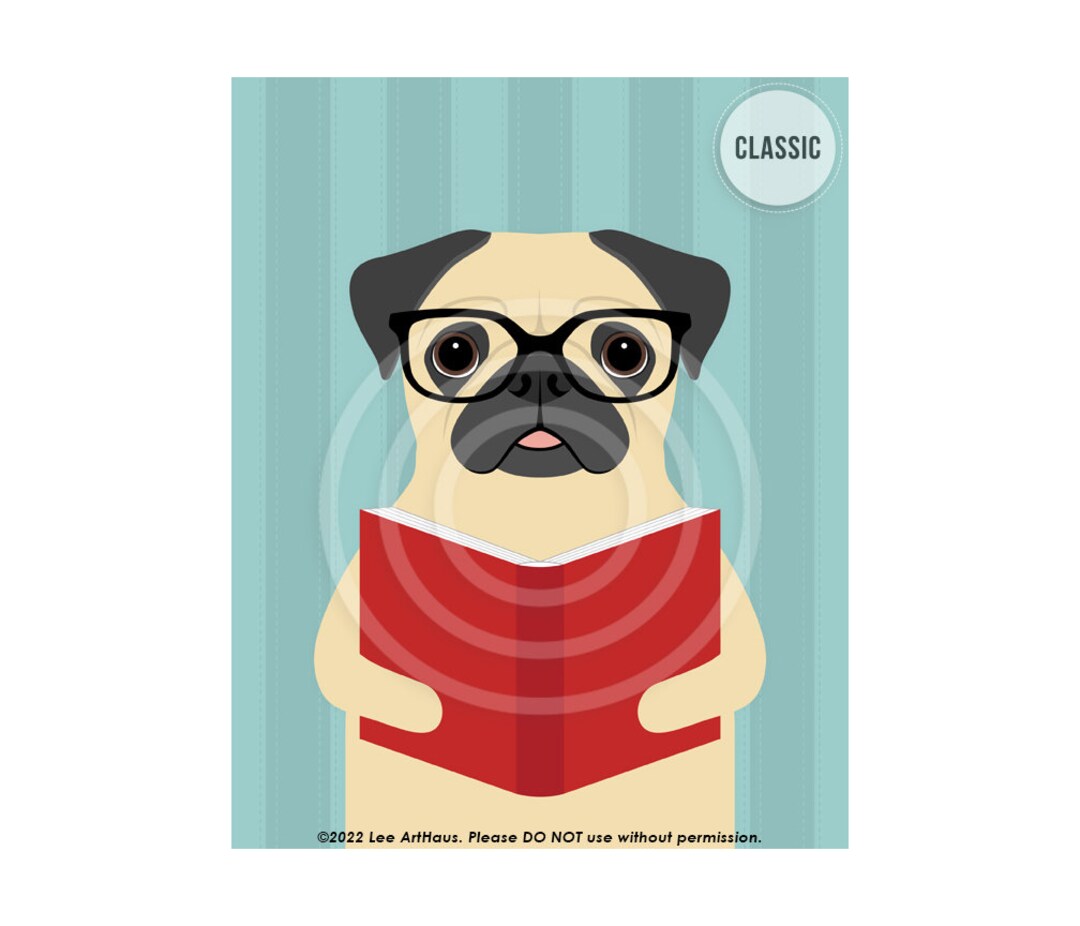 620DP Dog Gifts Fawn Pug Reading Book Wall Art Eyeglasses Print Pug Dog ...