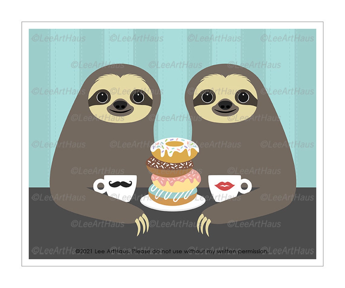 34J Sloth Drawing Sloth Couple Eating Stack of Donuts Wall - Etsy