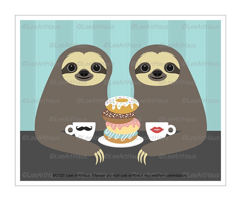 34J Sloth Drawing - Sloth Couple Eating Stack of Donuts Wall Art ...