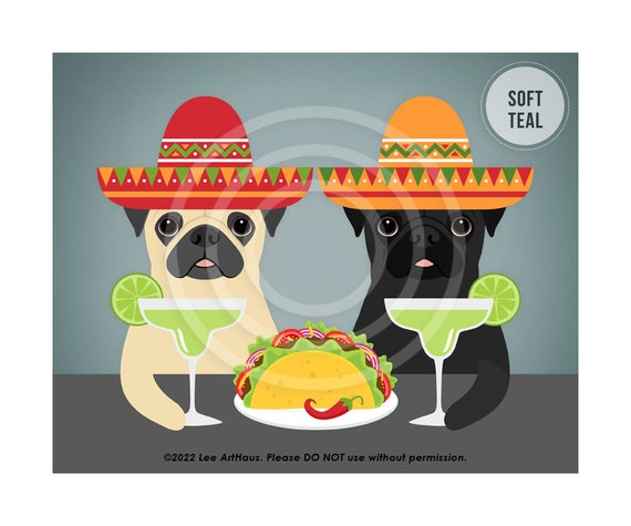 622DP Pug Decor Two Pug Dogs Eating Taco and Drinking - Etsy