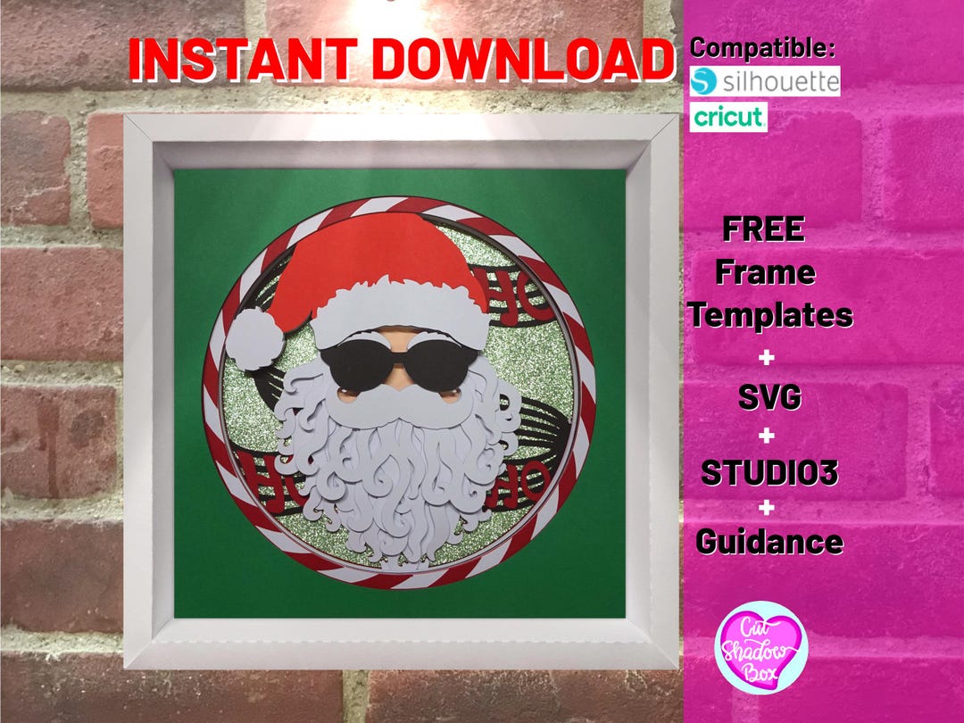 3D Santa Claus Shadow Box Svg Template, Santa Face With Hat Sunglasses ...