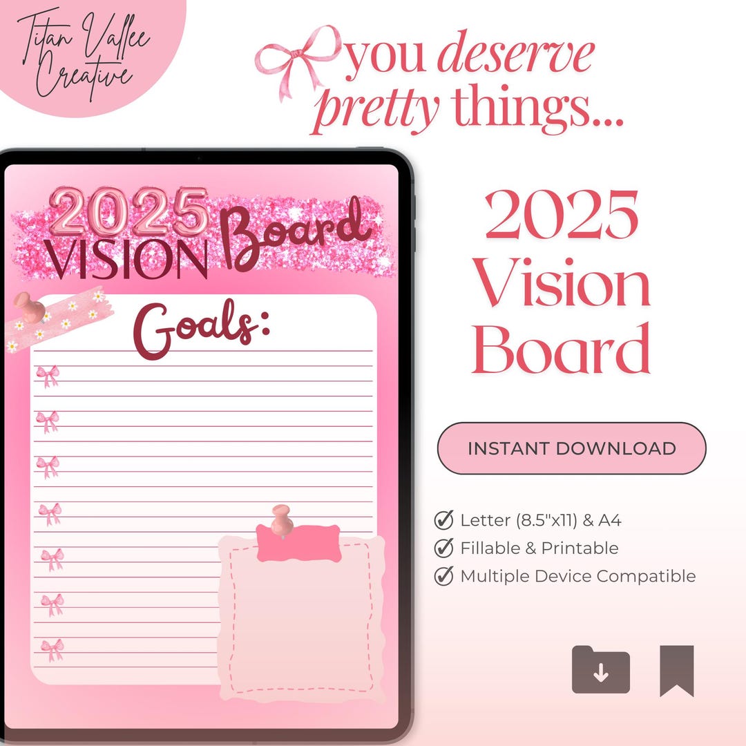 EDITABLE Pink & Girly-cute 2025 Digital Vision Board Goals Resolutions ...