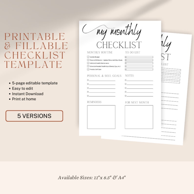 Editable Monthly Checklist Planner: Printable To-do List (digital ...