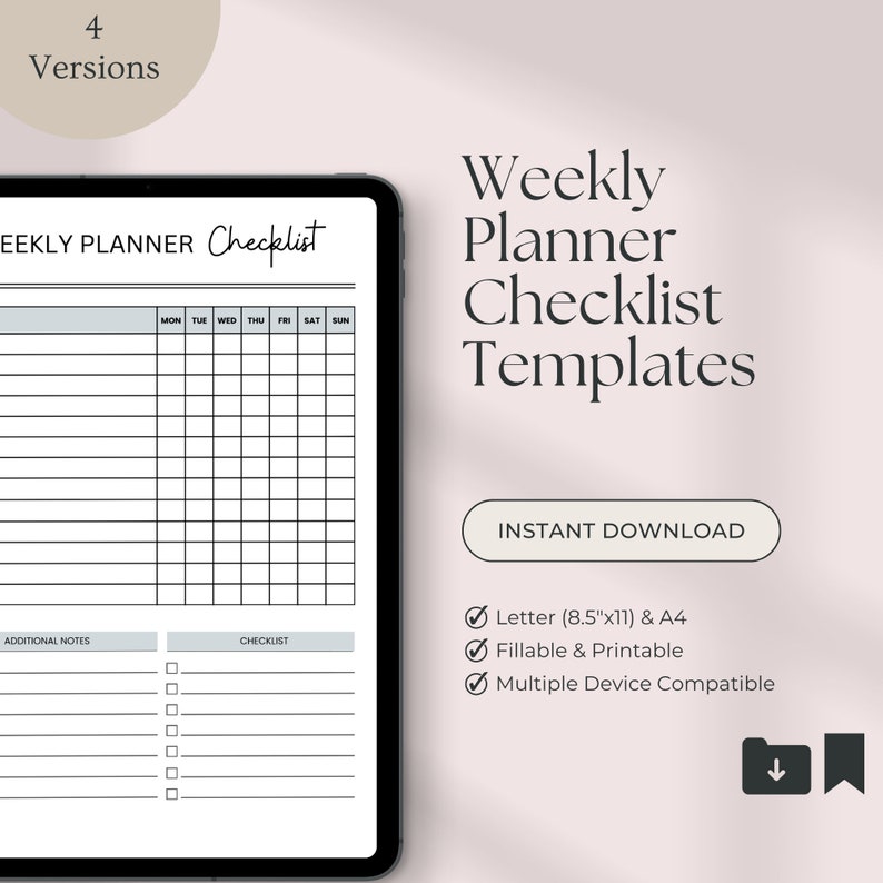 Minimalist Weekly Planner Checklist Printable & Fillable, Simple ...