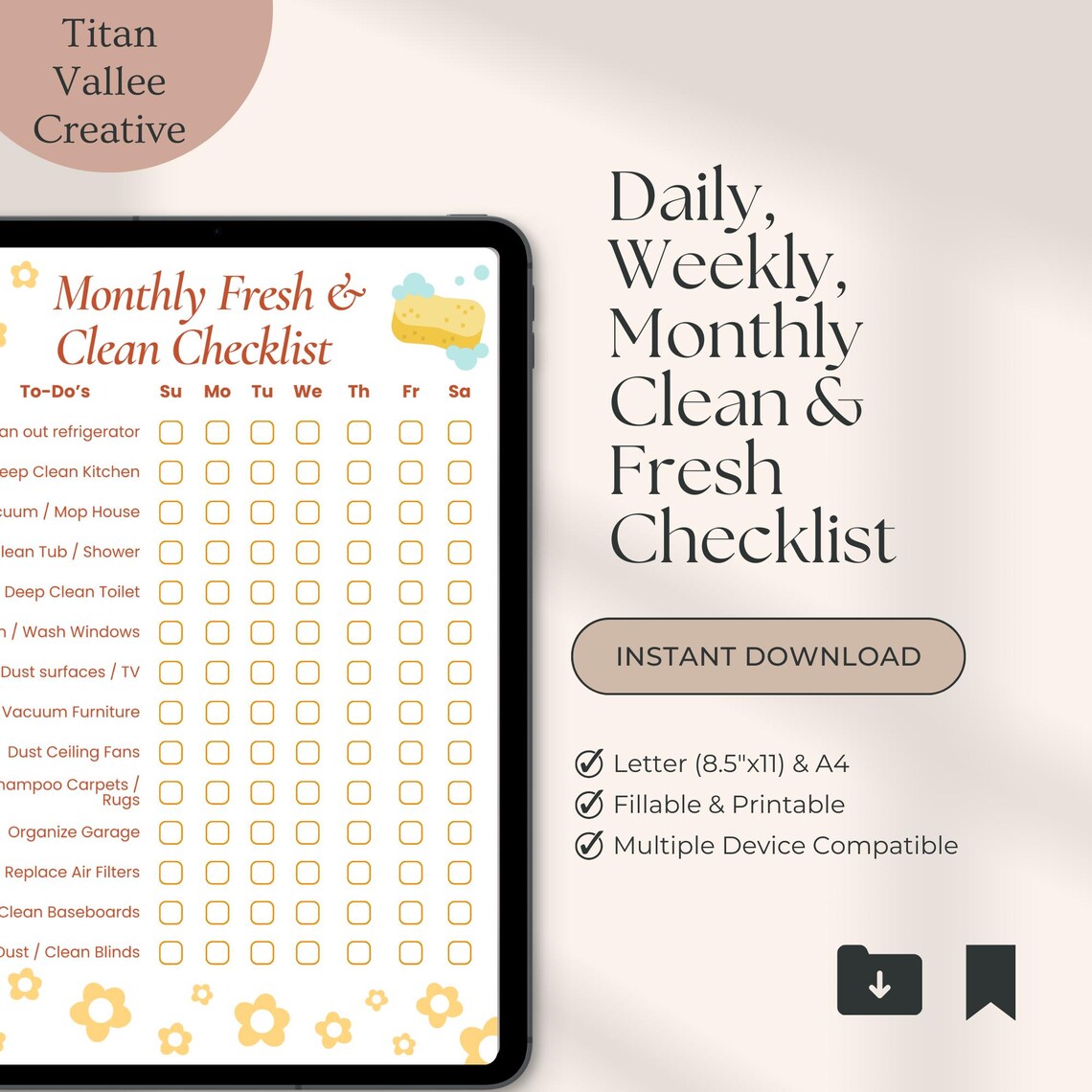 PRINTABLE & FILLABLE Cleaning Checklist, Daily Weekly Monthly Cleaning ...