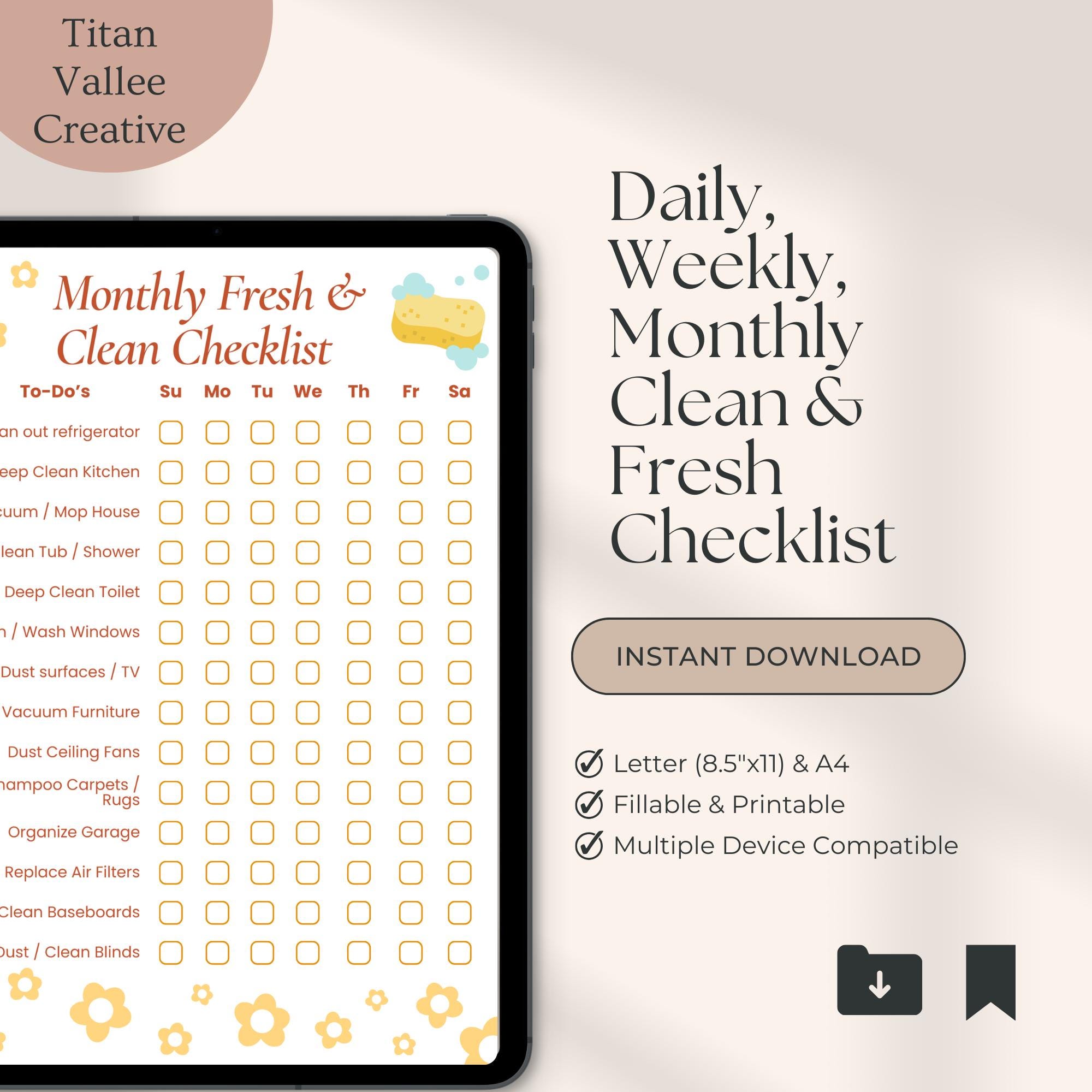 PRINTABLE & FILLABLE Cleaning Checklist, Daily Weekly Monthly Cleaning ...