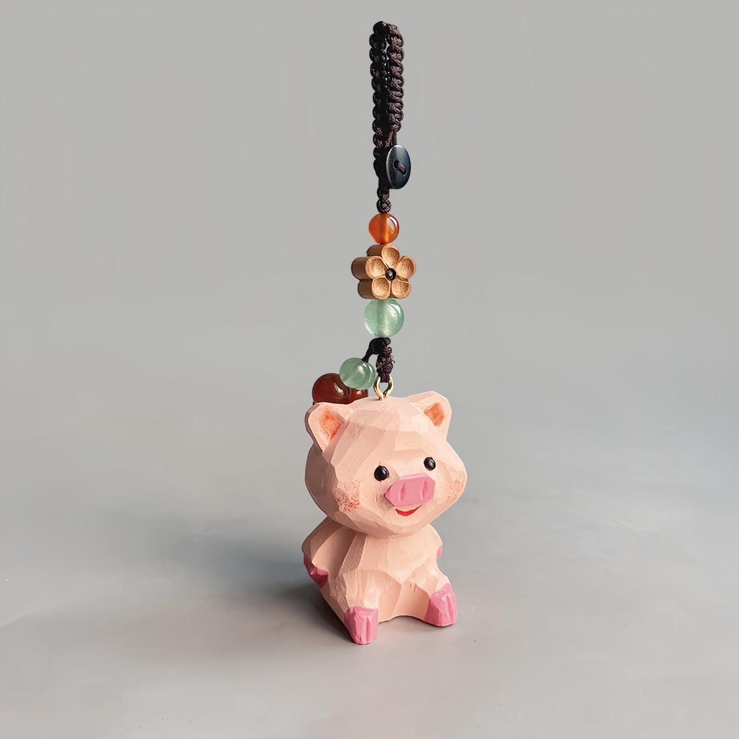 Handmade Wooden Pink Pig Keychain, Cute Car Key Book Bag Pendant ...