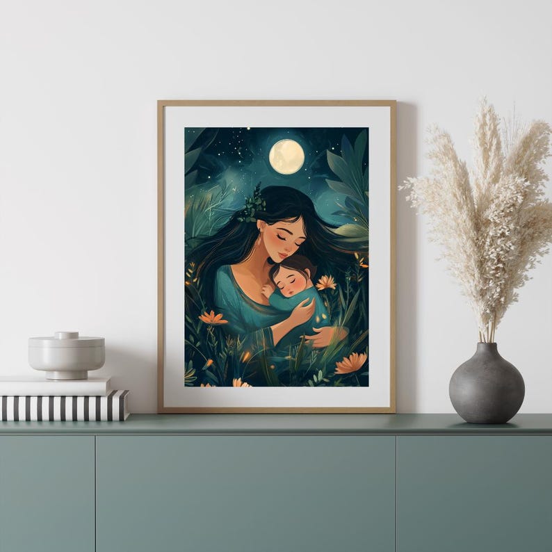 Mother and Child Digital Art Print, Night Blue and Green Colors, Family ...