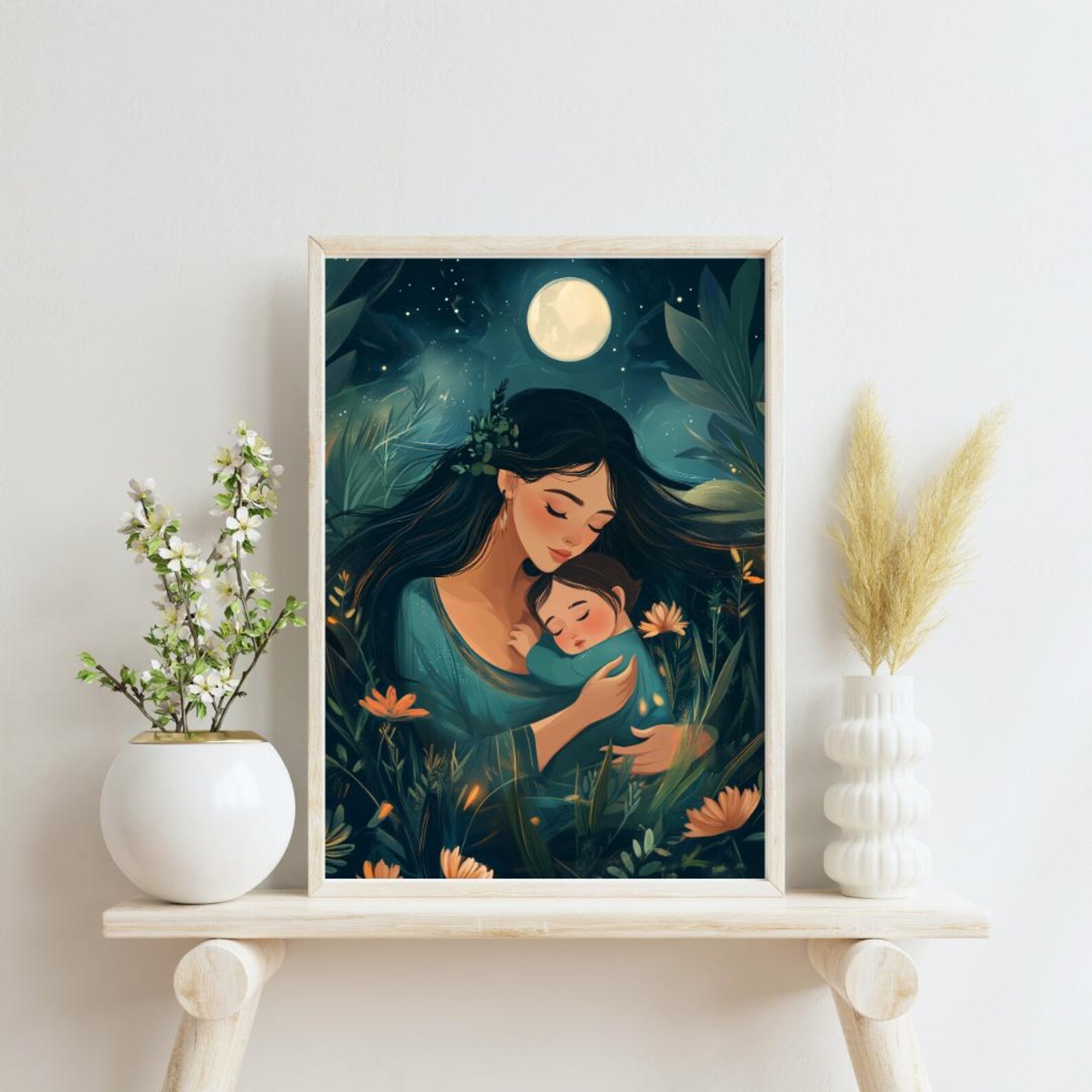 Mother and Child Digital Art Print, Night Blue and Green Colors, Family ...