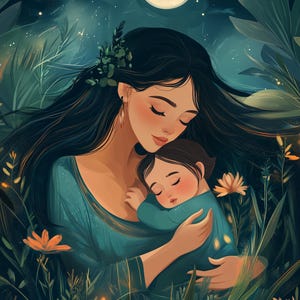 Mother and Child Digital Art Print, Night Blue and Green Colors, Family ...