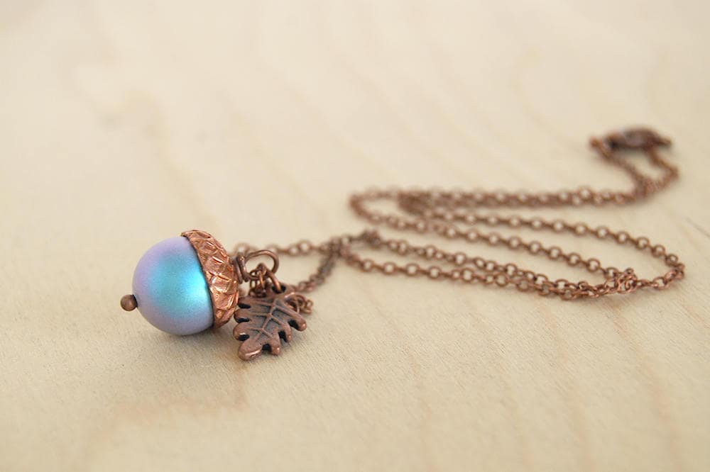 Tide Pool Magic Acorn Necklace | Iridescent Light Blue and Copper Acorn ...