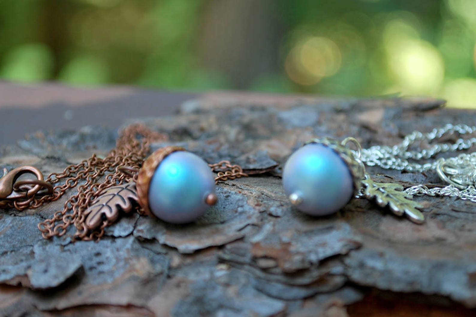Tide Pool Magic Acorn Necklace | Iridescent Light Blue and Copper Acorn ...