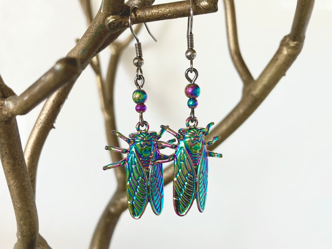 Cicada Earrings | Iridescent Rainbow Cicada Insect Charm Dangles ...